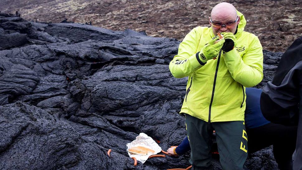Iceland Mount Fagradalsfjall Scientists cook and eat hotdogs on the ...