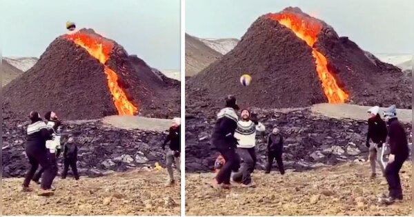 people are playing volleyball in front of volcano video goes viral ...
