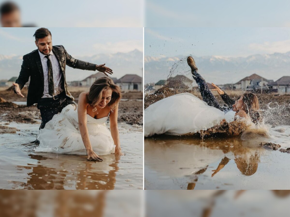 bride and groom doing photoshoot fell on their face in the mud then ...