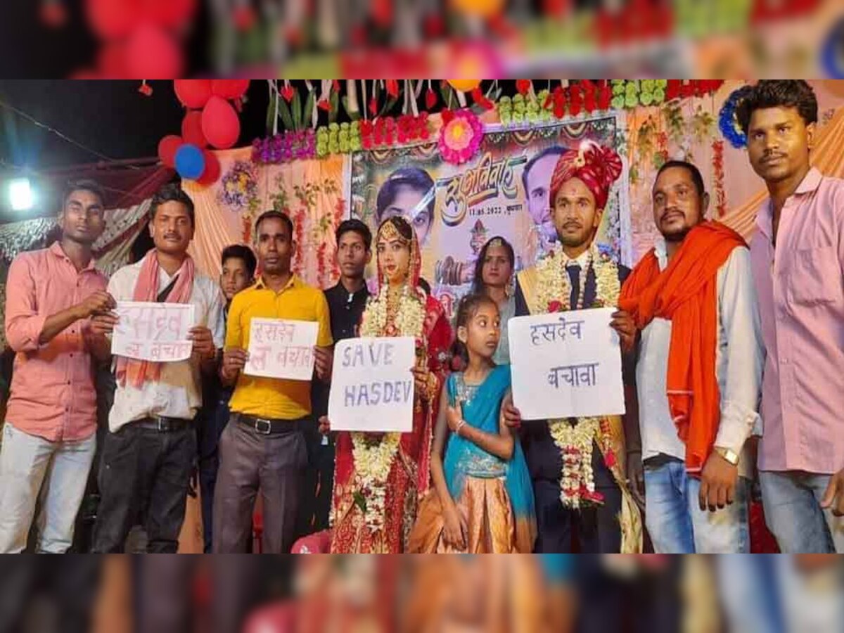 bride and groom wrote in poster save Hasdev Aranya in bilaspur mpsn ...