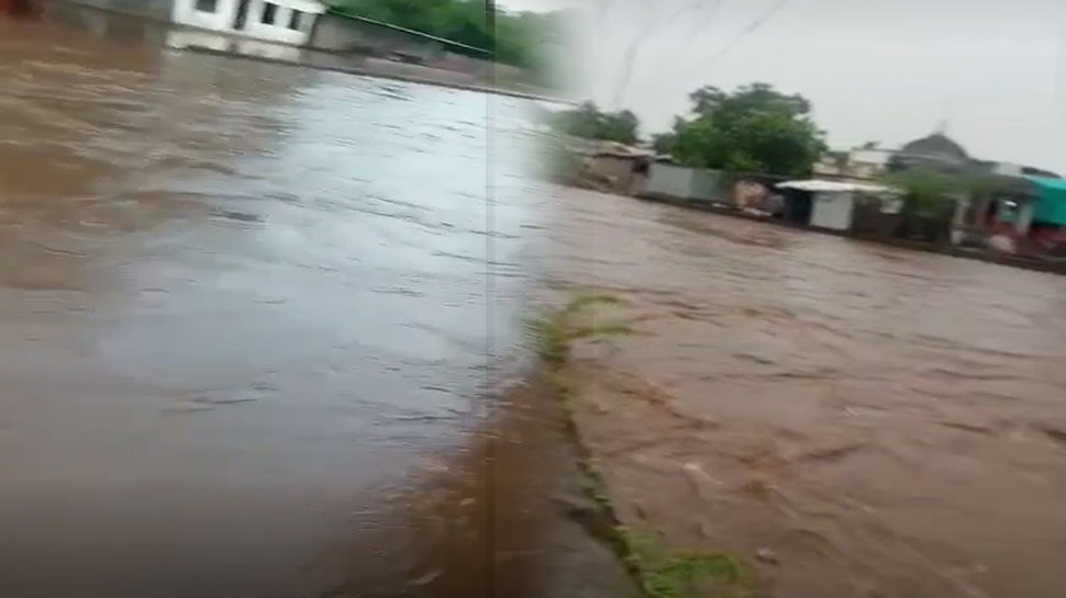 heavy rain drain overflowing young man flowing in strong current in ...