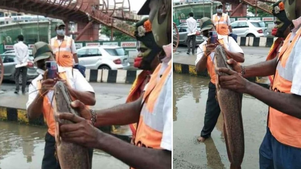 Bengaluru Traffic Jam caused by rain man caught fish in water on the ...