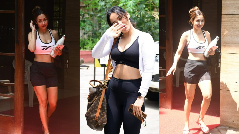 neha sharma in black bra visits gym fades out ageless beauty malaika arora in supersexy sports ...