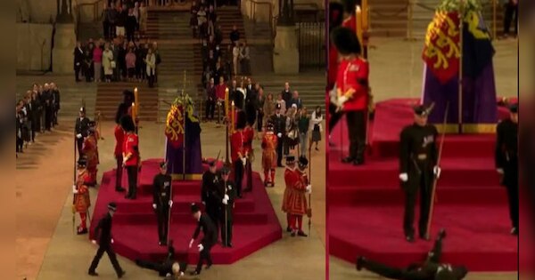 royal guard faints near queen elizabeth coffin at westminister hall ...