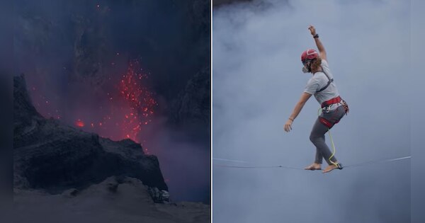 two courageous men walking over active volcano on rope make guinness ...