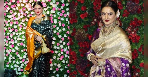 Rekha beautiful looks in silk saree with red lips on her Birthday ...