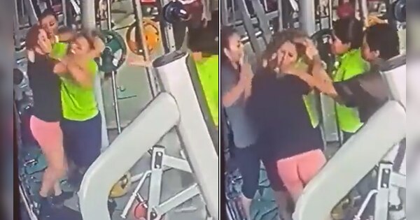 two women clashes in the gym fight over gym equipment CCTV footage ...