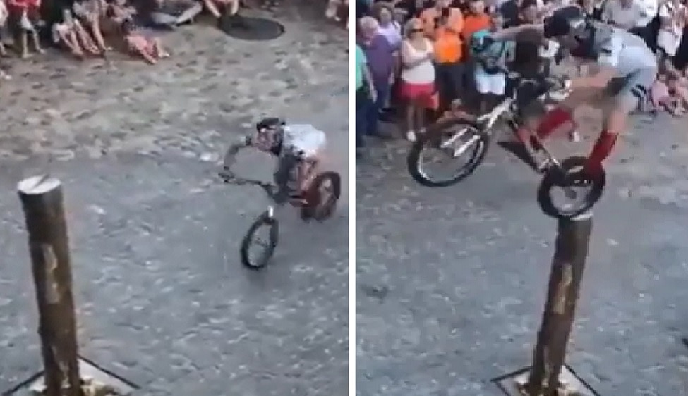 man on pole with his cycle amazing stunt video goes viral on social ...