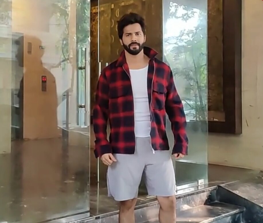 varun dhawan cool fit look in shorts after gym doing promotion of film ...