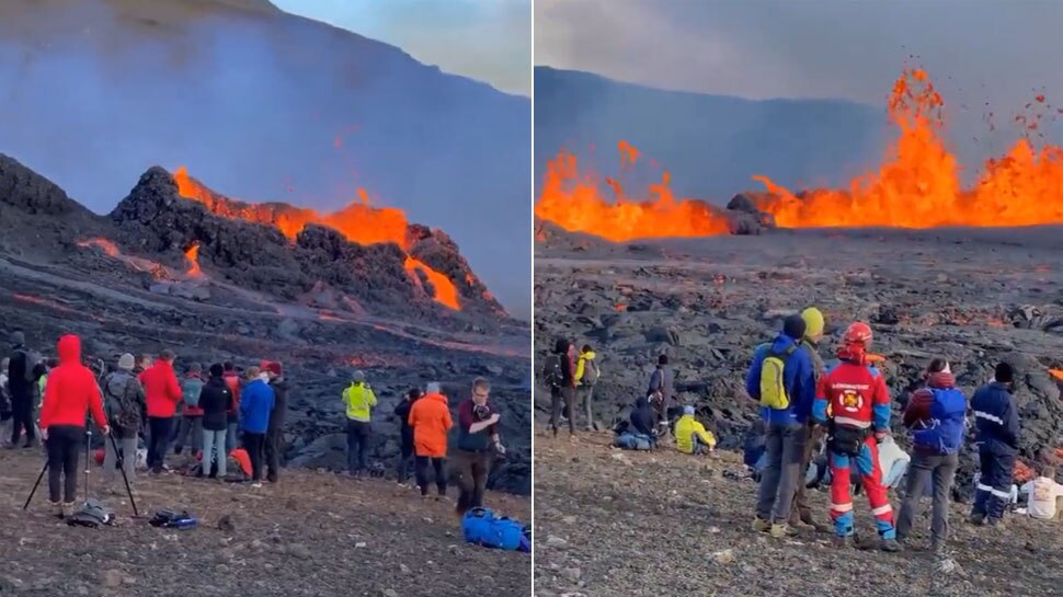 viral video of volcano eruption tourist came to see lava in iceland ...