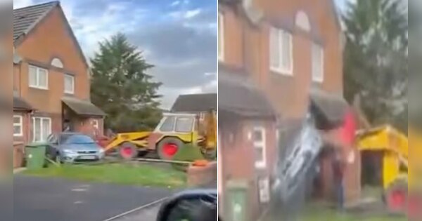 JCB digger driver rammed into house drag car causing huge damage amid ...