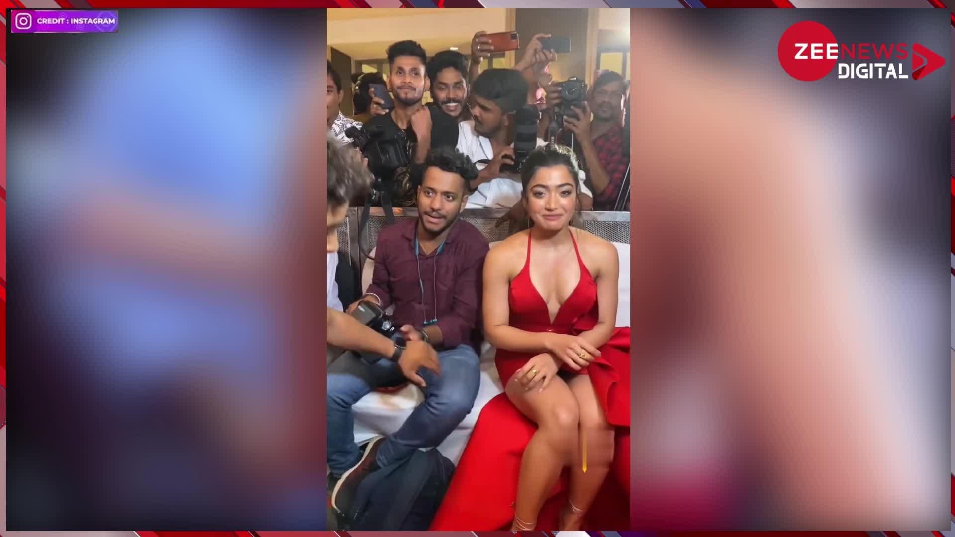 Rashmika Mandanna wearing such short backless revealing dress Oops Moment caught while sitting ...
