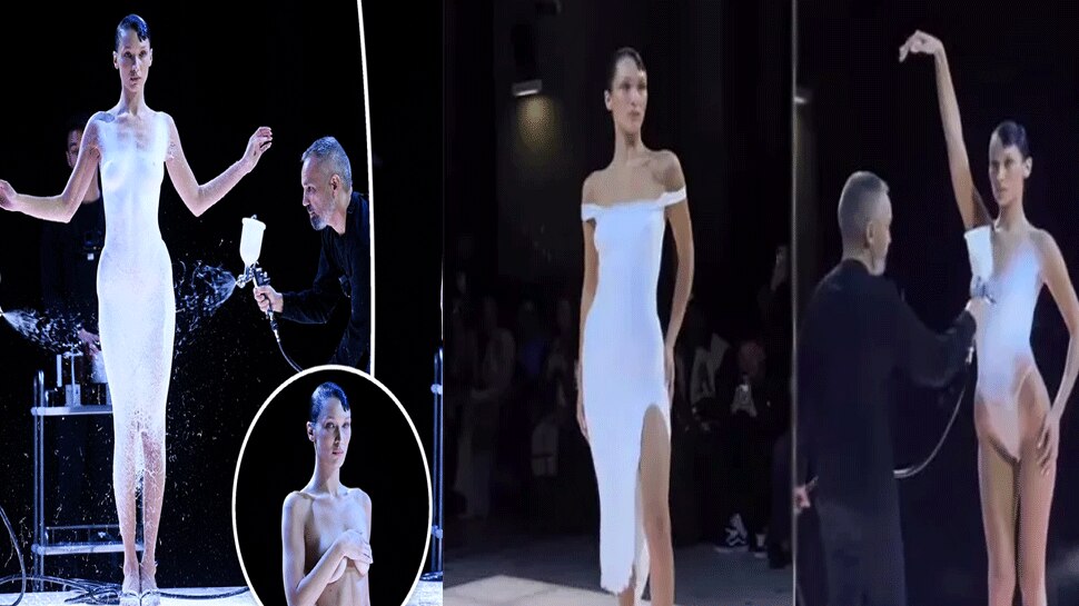 Bella hadid walked on ramp without clothes and artist made her spray ...