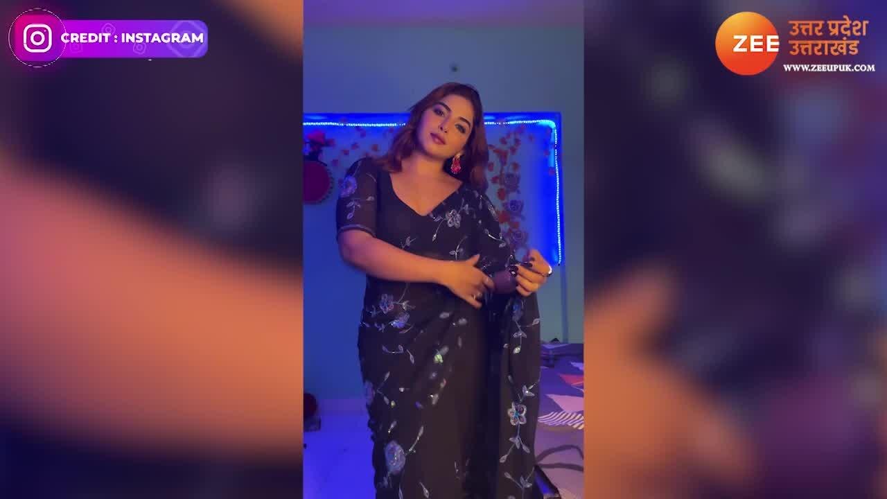 Saba khan hot black saree flaunting naked waist and navel trending bhojpuri video viral svup ...