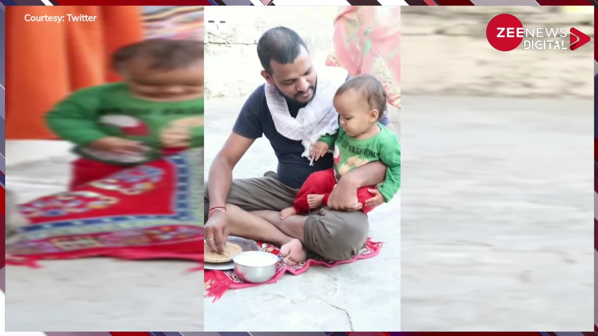 A little girl washes hands and brings food for her father people became ...