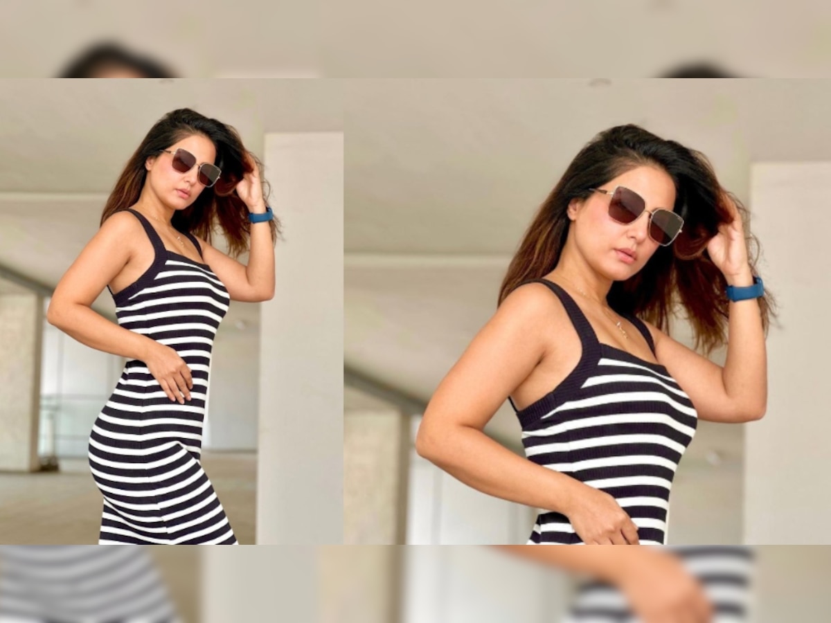 hina khan looks stunning in black and white striped bodycon dress ...