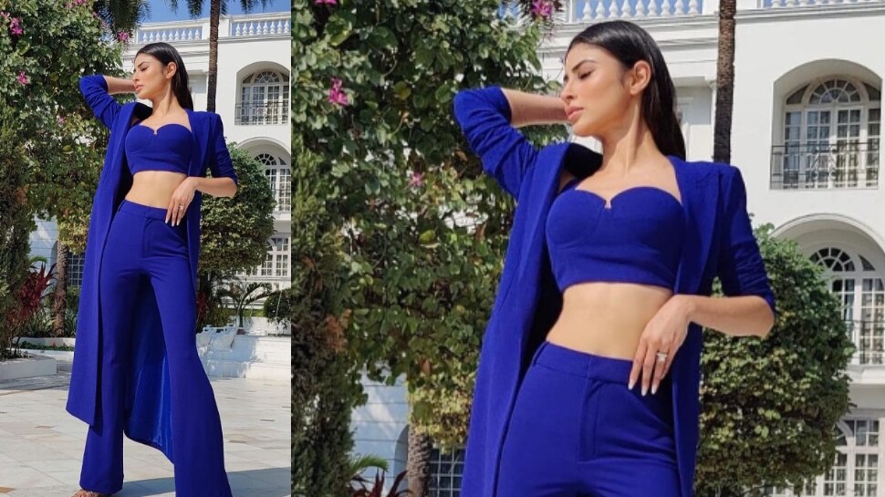 Naagin fame Mouni Roy looking glamorous and bold in blue coat pant with short top mkph | Mouni ...