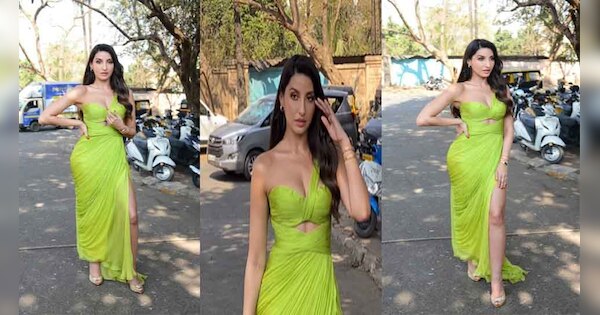 Nora fatehi look hot and stunning in neon gown at spotted for a shoot ...