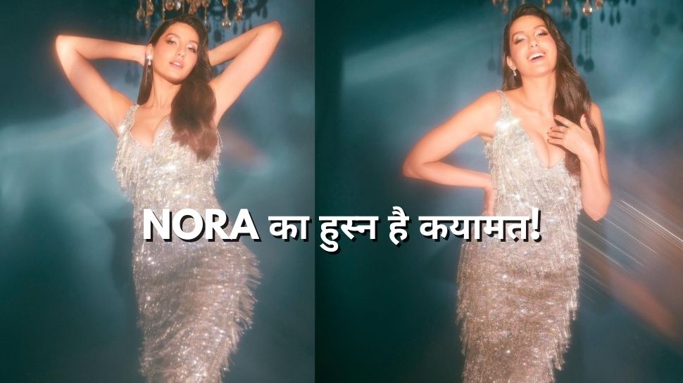 Nora Fatehi looks sexy glamorous in silver shimmery short tight dress flaunts sexy cleavage in ...