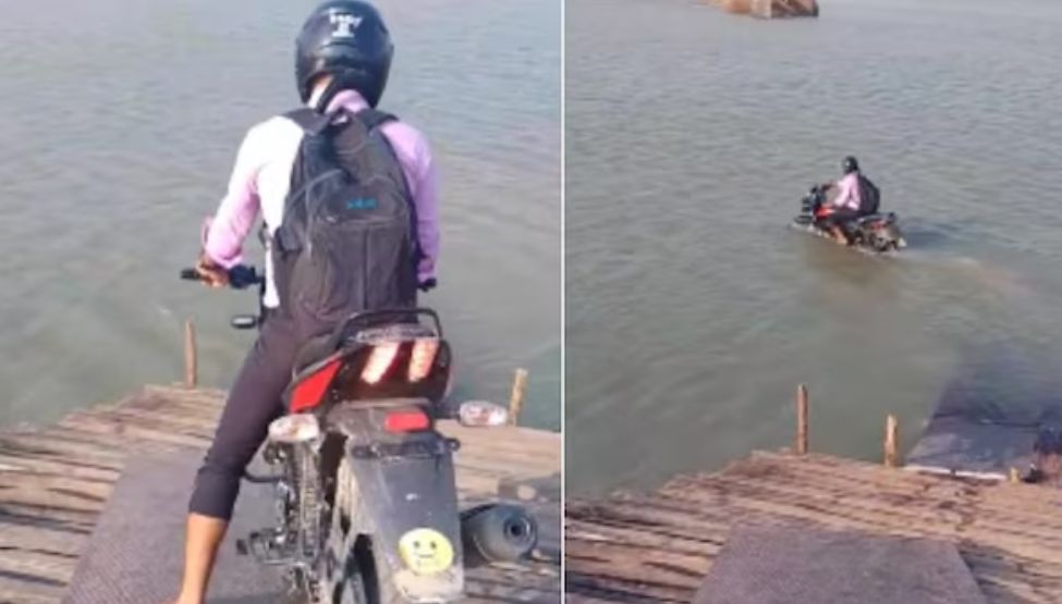 pulsar bike in river boy showed skill of driving while broken bridge in ...