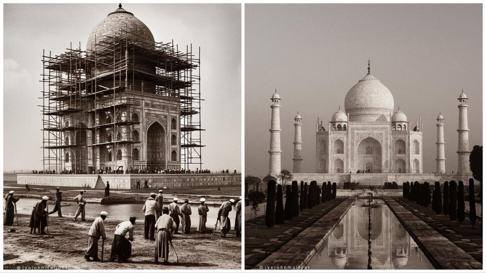 tajmahal ai photos shows the midjourny of its construction