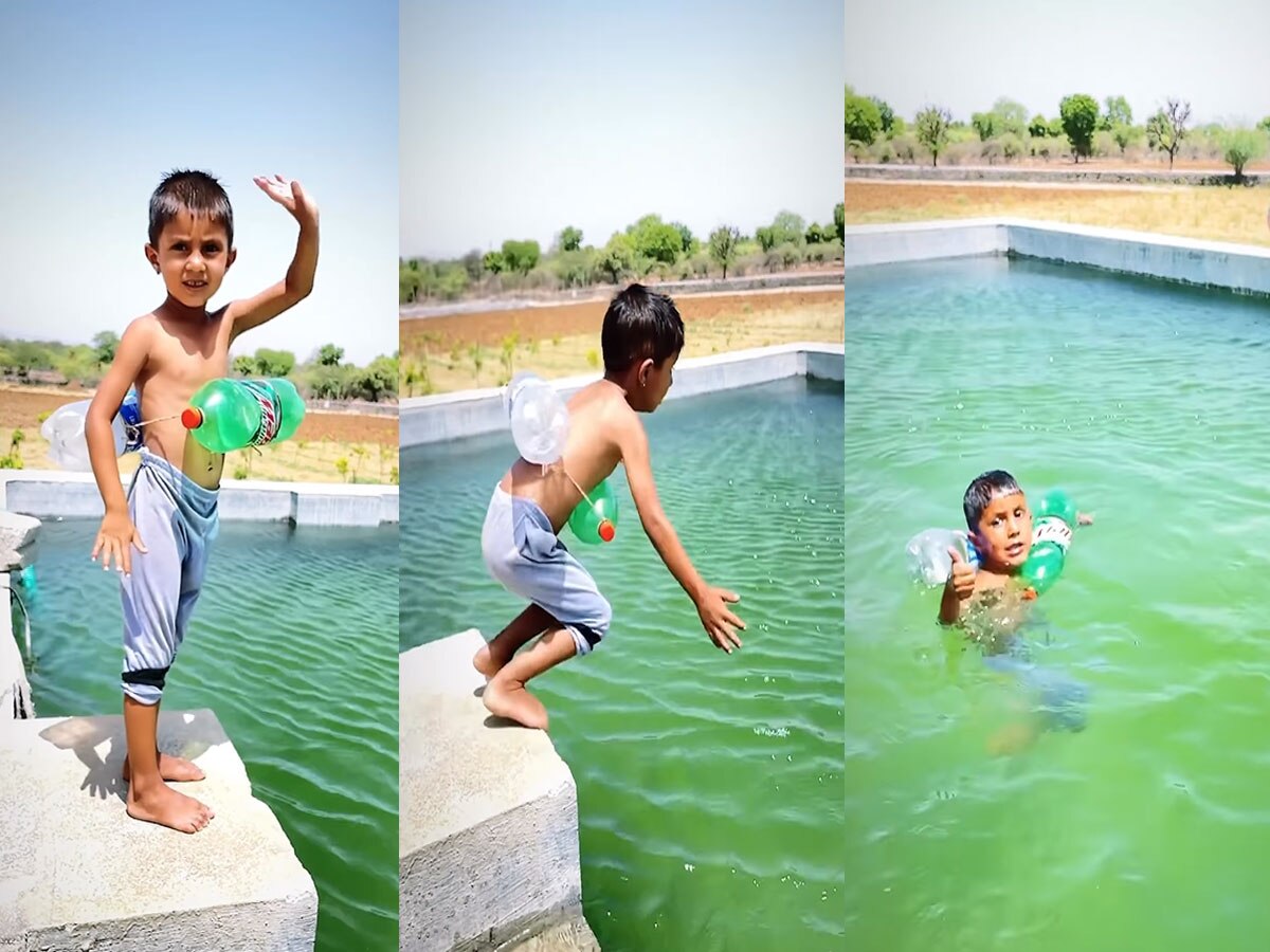 trending today child made life jacket from cold drink bottle desi jugaad video viral in social ...
