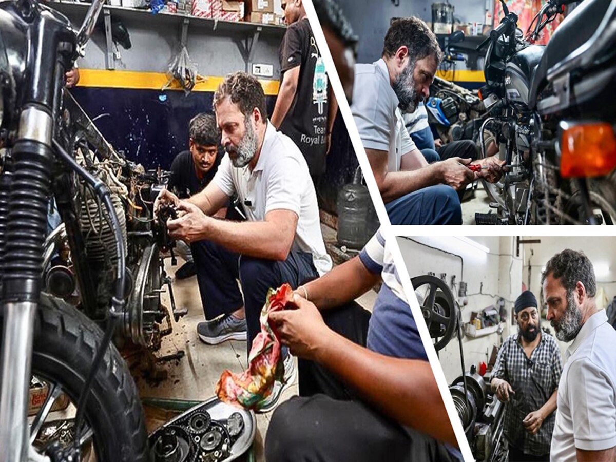 Rahul Gandhi reach Motorcycle Mechanics Workshop and repair Bike in ...