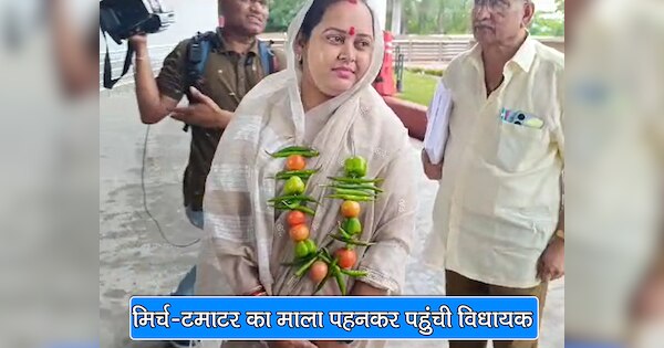 MP MLA came to the Vidhansabha wearing a mala of tomatoes chillies ...