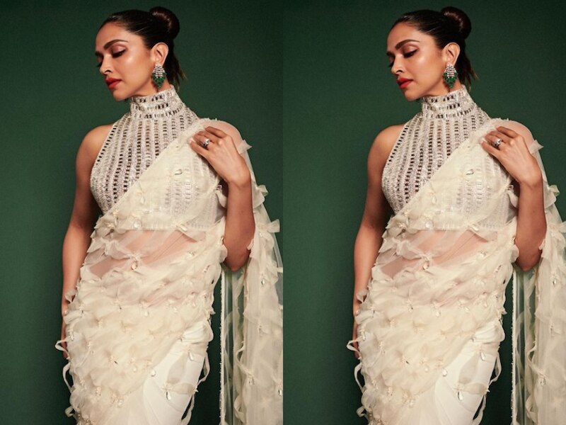 Deepika Padukone look beautiful in off white saree and coller blouse on ...