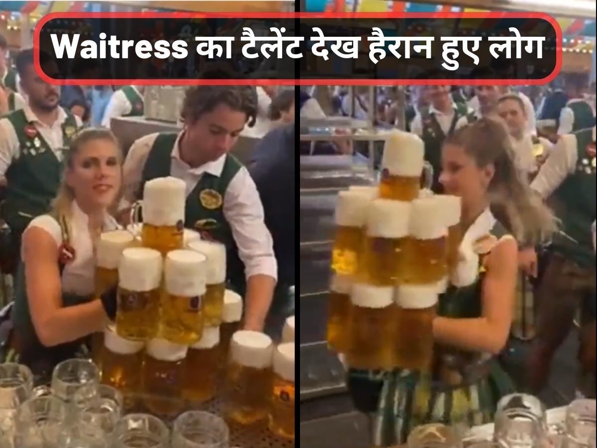 Waitress showed amazing talent with many glasses of beer video goes ...