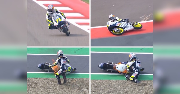 MotoGP Bharat 2023: Rider narrow escape as bike skids and catches fire ...