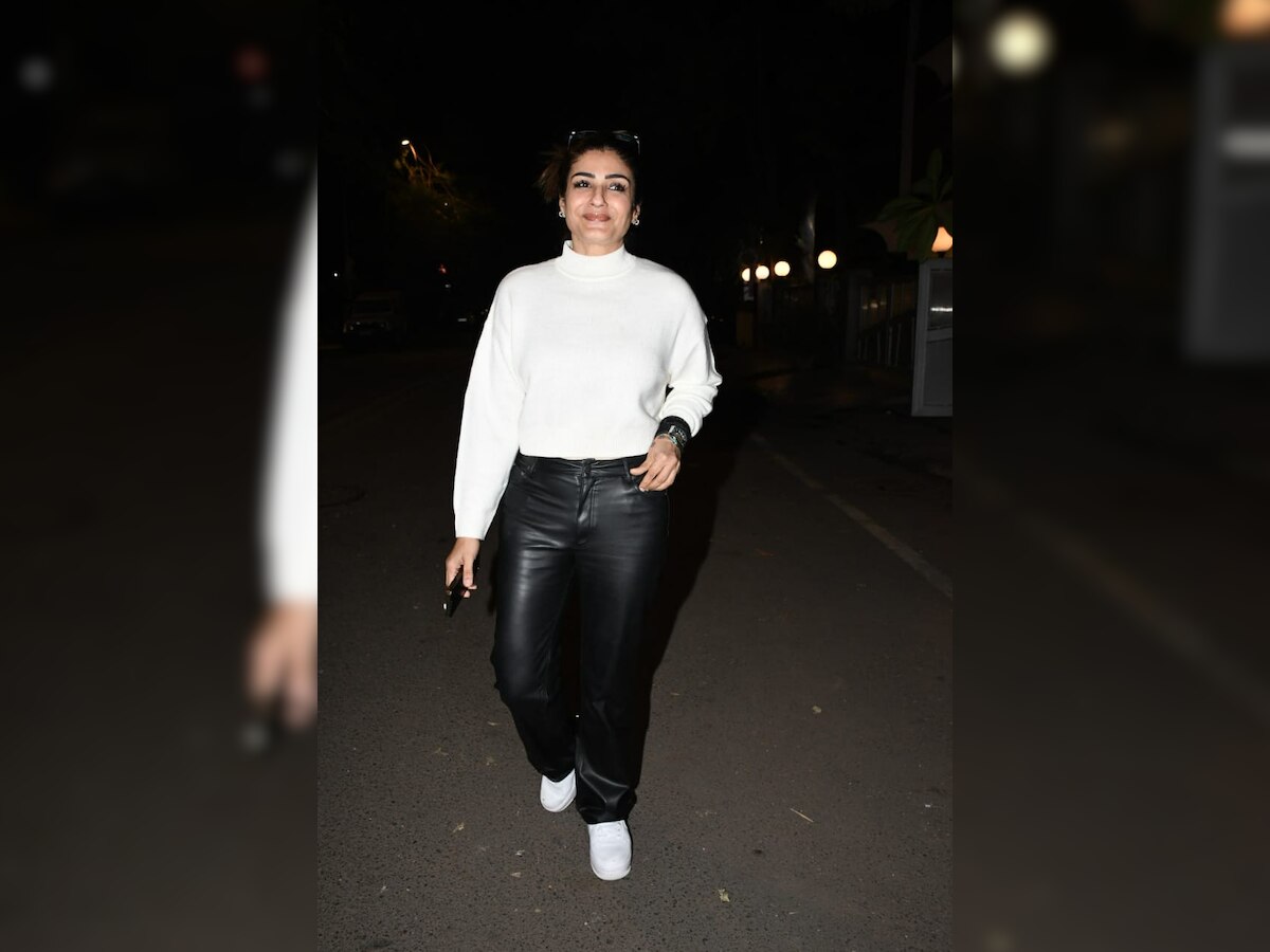 raveena tandon spotted in simple black and white outfit check pictures ...