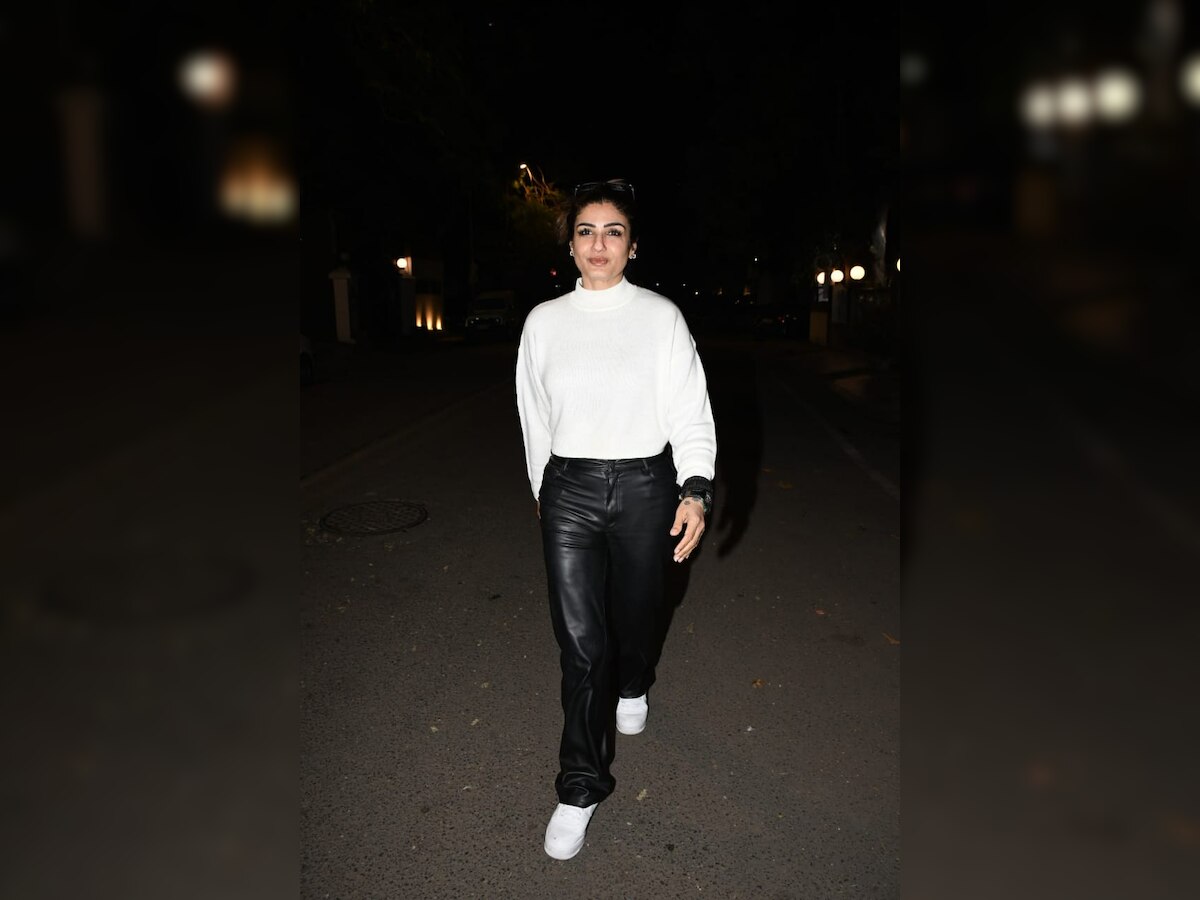 raveena tandon spotted in simple black and white outfit check pictures ...