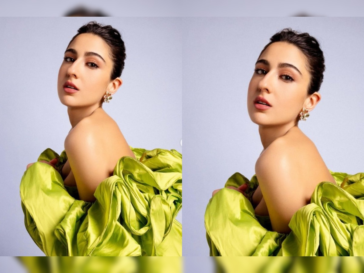 Sara Ali Khan latest photo wearing neon green color shoulder less gown ...