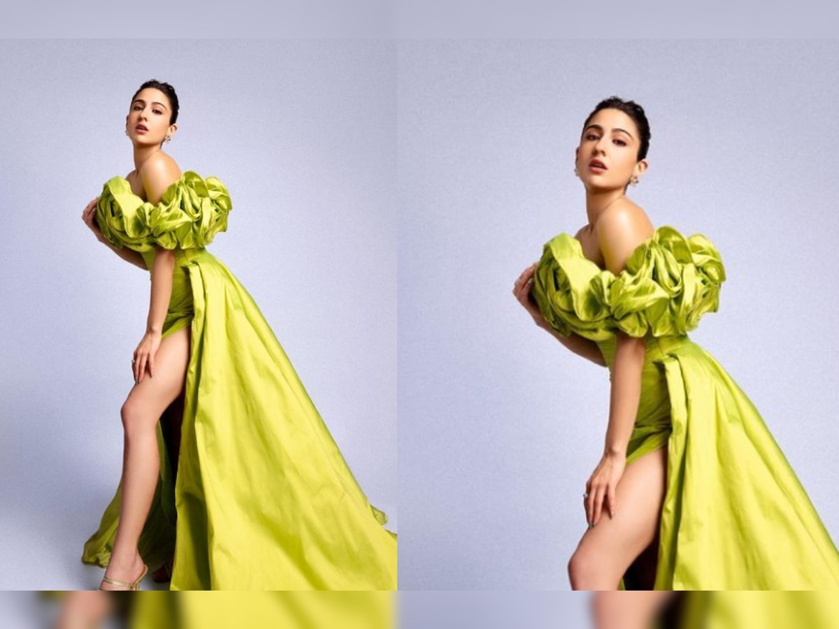 Sara Ali Khan latest photo wearing neon green color shoulder less gown ...