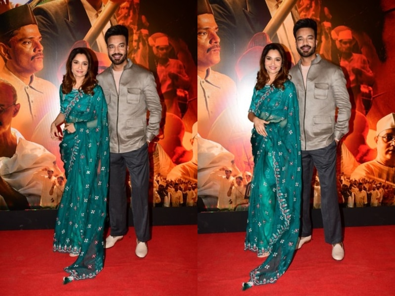 Ankita Lokhande looks beautiful in blue saree at swatantra veer ...