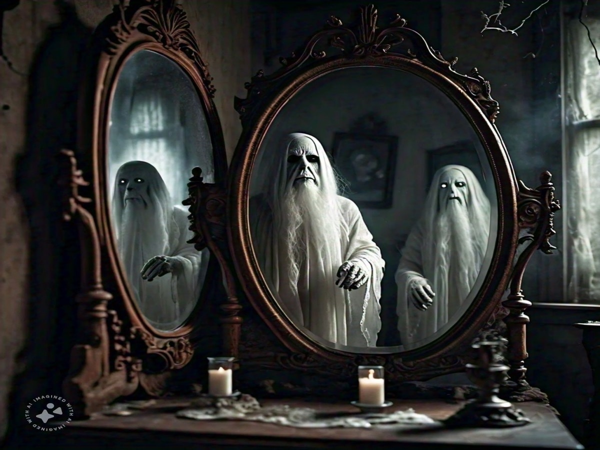 How do ghosts appear in the mirror see AI photos