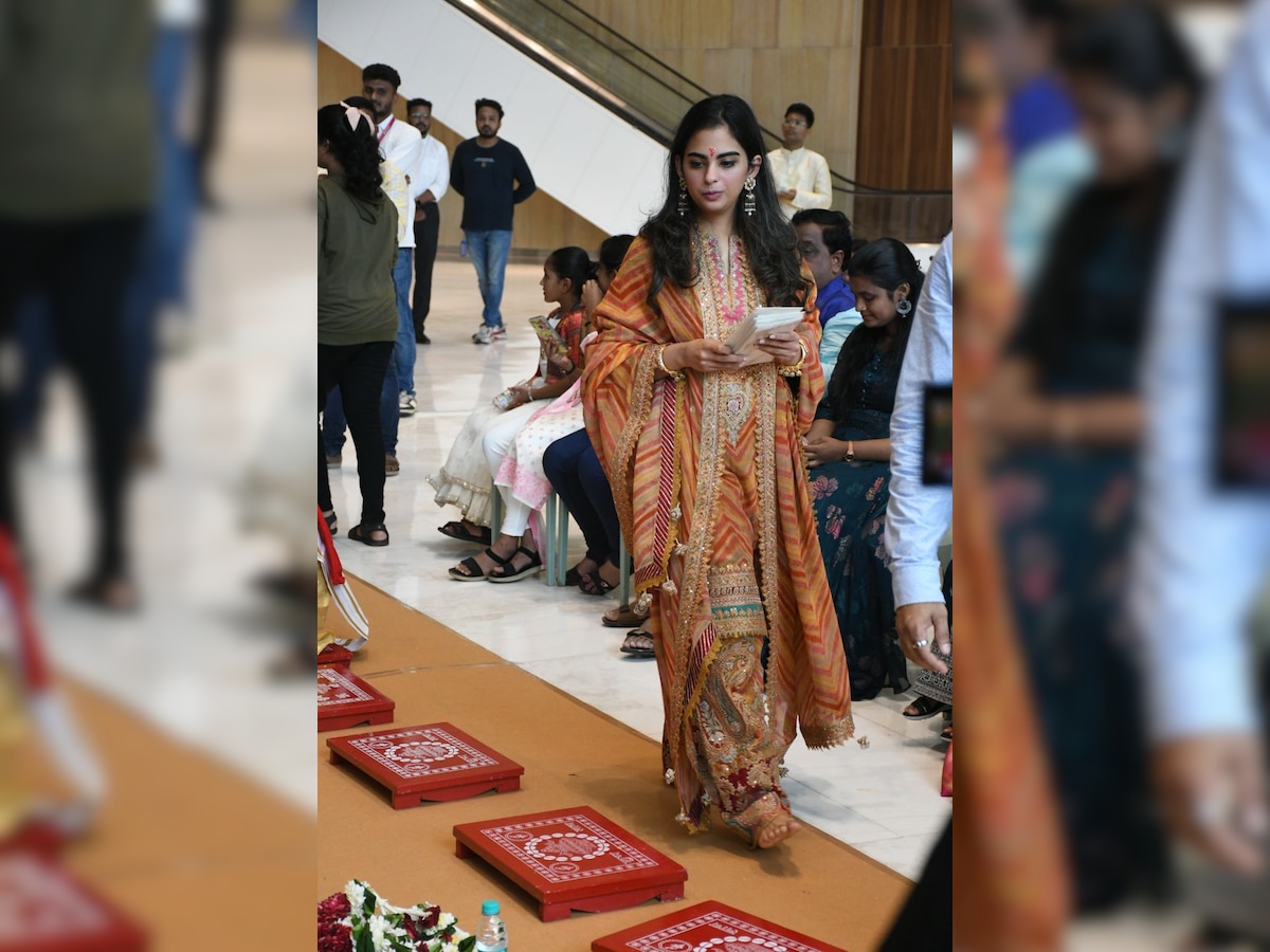 Isha Ambani wear yellow sharara suit with kundan jhumka gold bengle ...