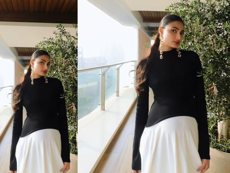Athiya Shetty flaunts baby bump in black and white dress suniel Shetty ...