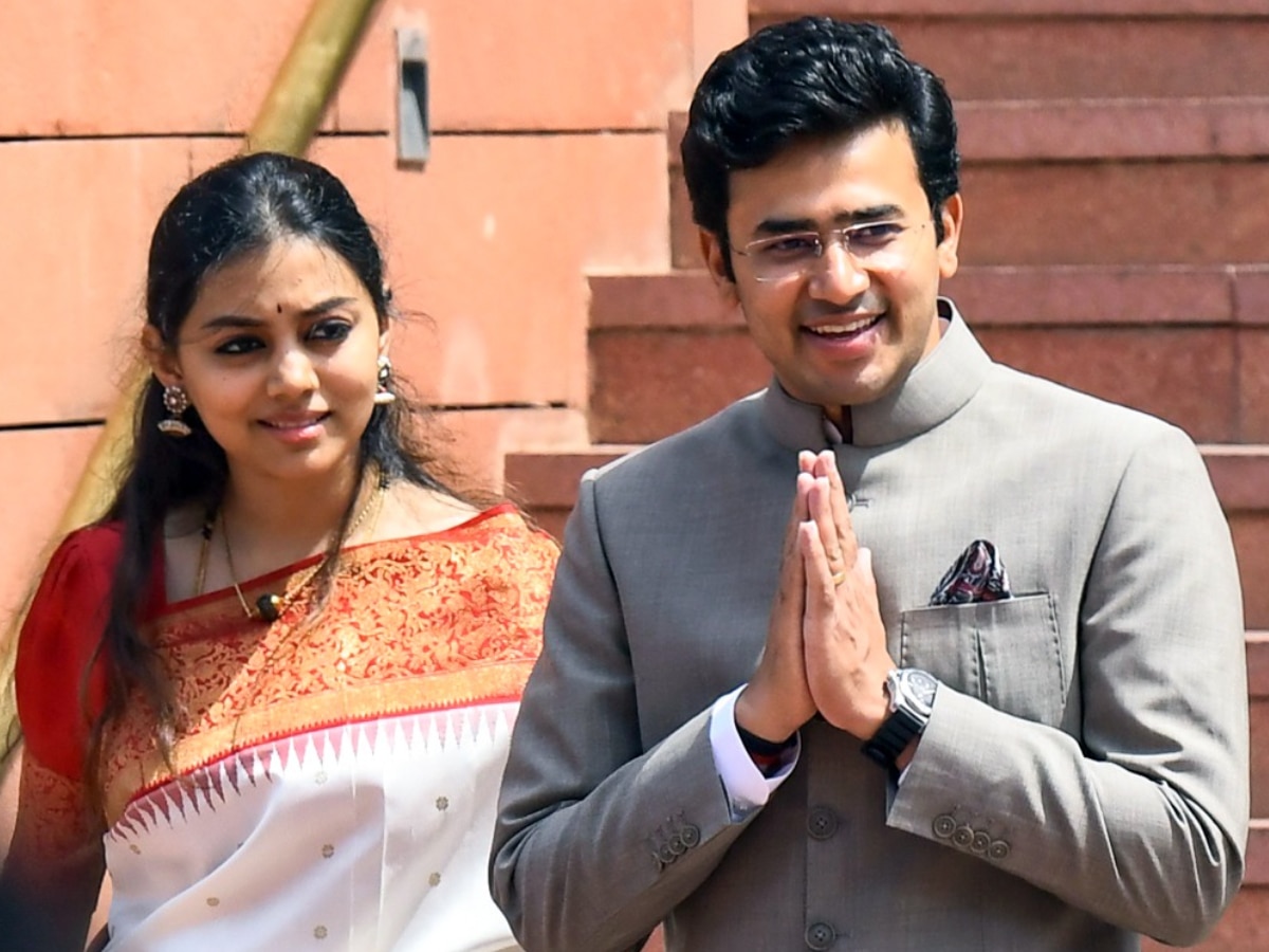 BJP MP Tejasvi Surya reached Parliament House with his wife Shivshri Skandaprasad see photos ...