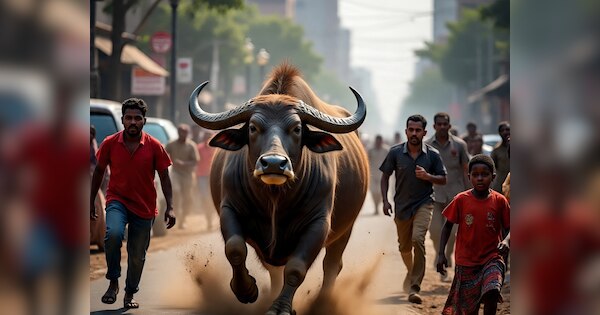 uncontrolled angry buffalo broke its ropes and created havoc on ...