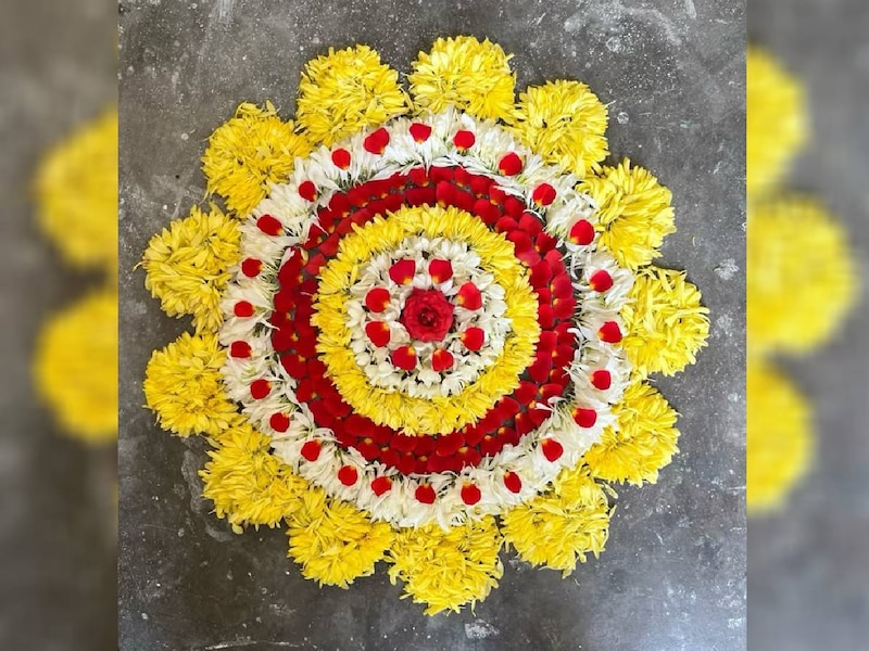 easy flower rangoli designs see genda aur gulab ke phool ki rangoli ...