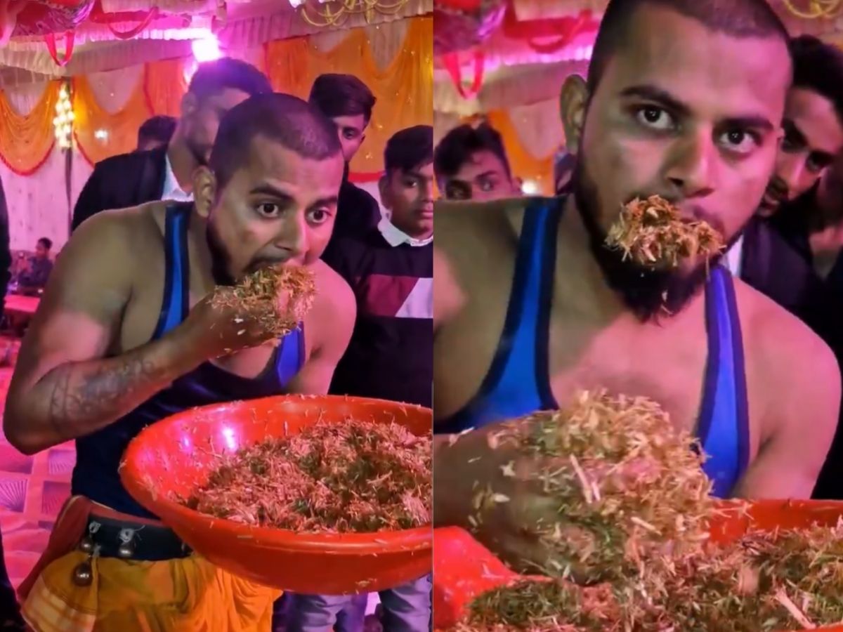 viral video man eating animal chaff bhusa social media shocking | गाय ...