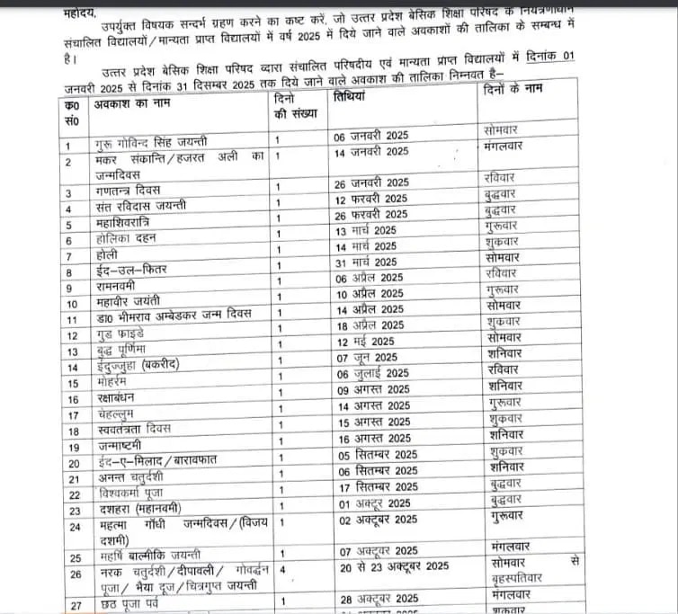 UP School Holiday calender of basic schools released in 2025 Basant ...